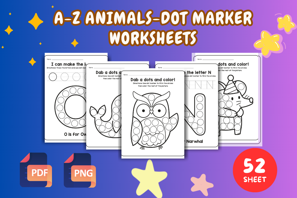 A-Z Animals-Dot Marker Worksheets Graphic by Diyastudio · Creative Fabrica
