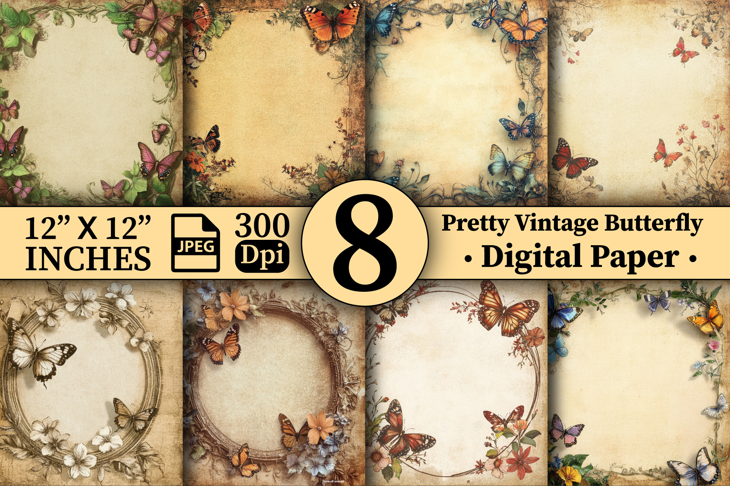 Pretty Vintage Butterfly Digital Papers Graphic by Popular Prints ...