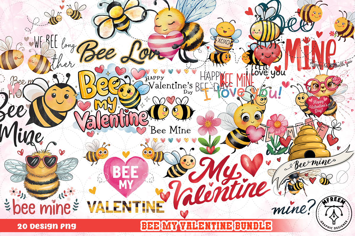 Bee My Valentine Bundle Clipart PNG Graphic by mfreem · Creative Fabrica