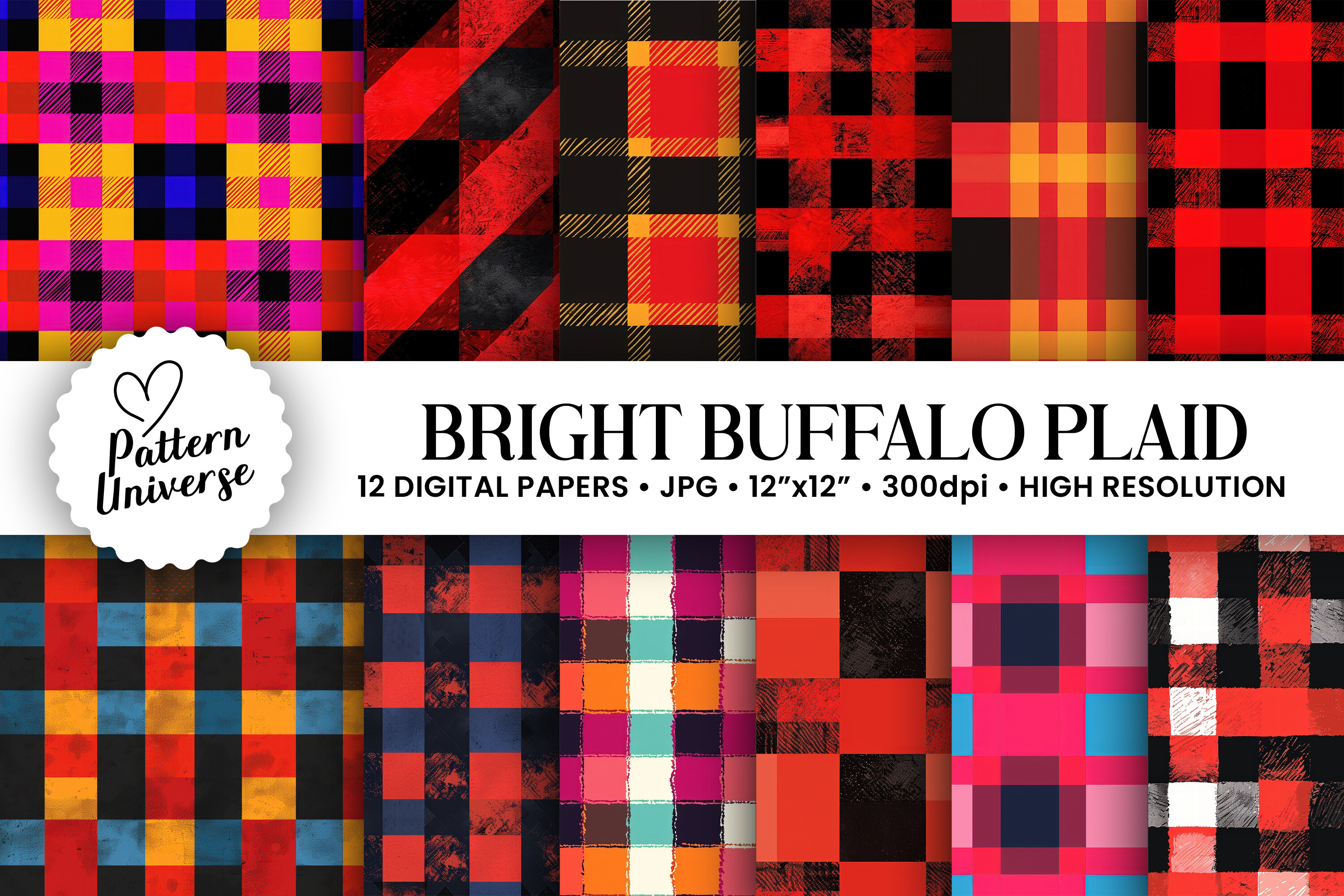 Bright Buffalo Plaid Digital Papers Graphic by Pattern Universe ...