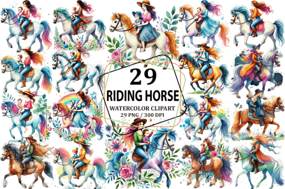 Mom & Baby Riding Horse Clipart Design Graphic by Pixelique · Creative ...