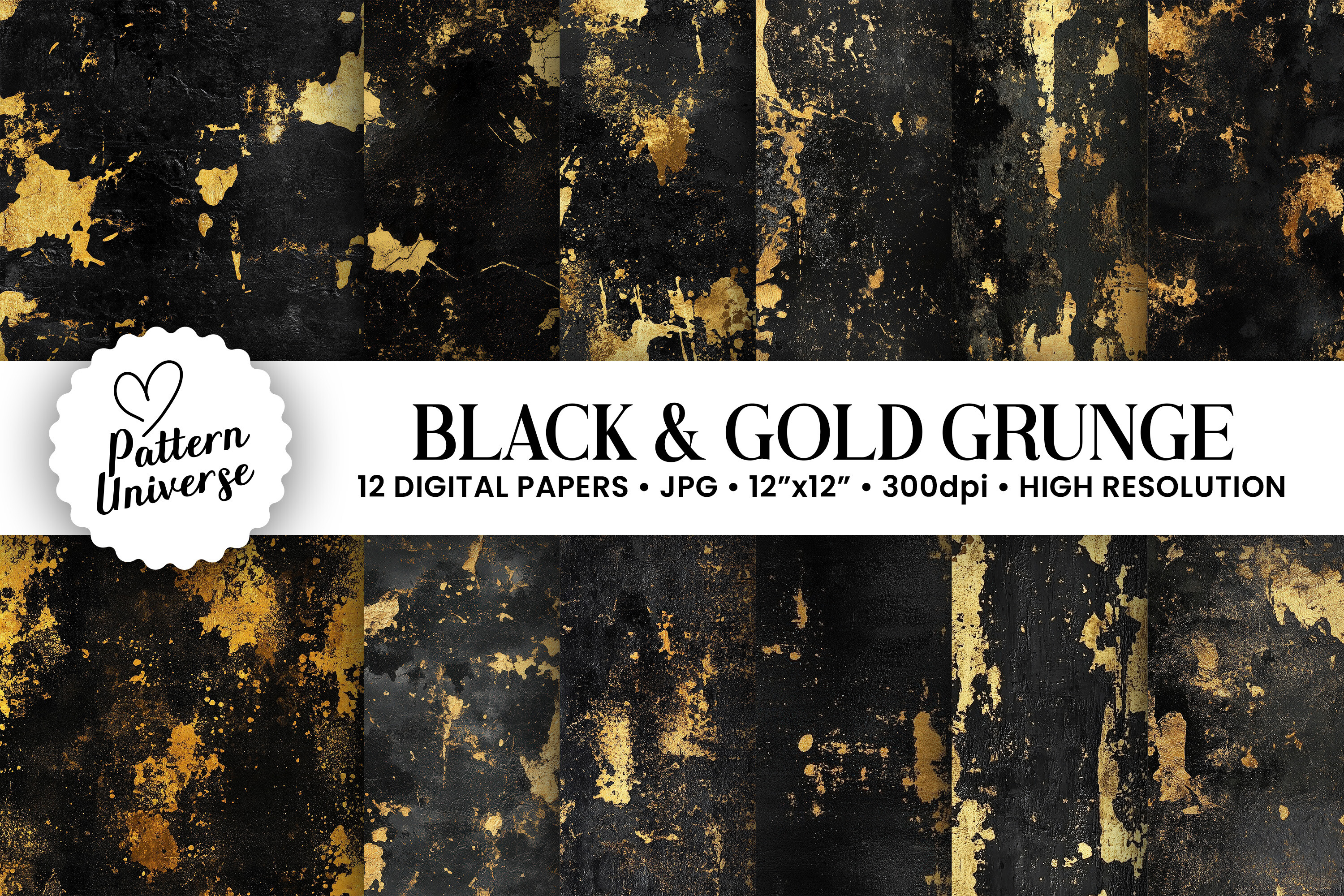 Black & Gold Grunge Digital Papers Graphic by Pattern Universe ...