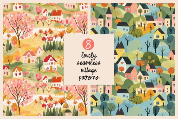 8 Seamless Lovely Village Patterns Graphic by erengoksel · Creative Fabrica