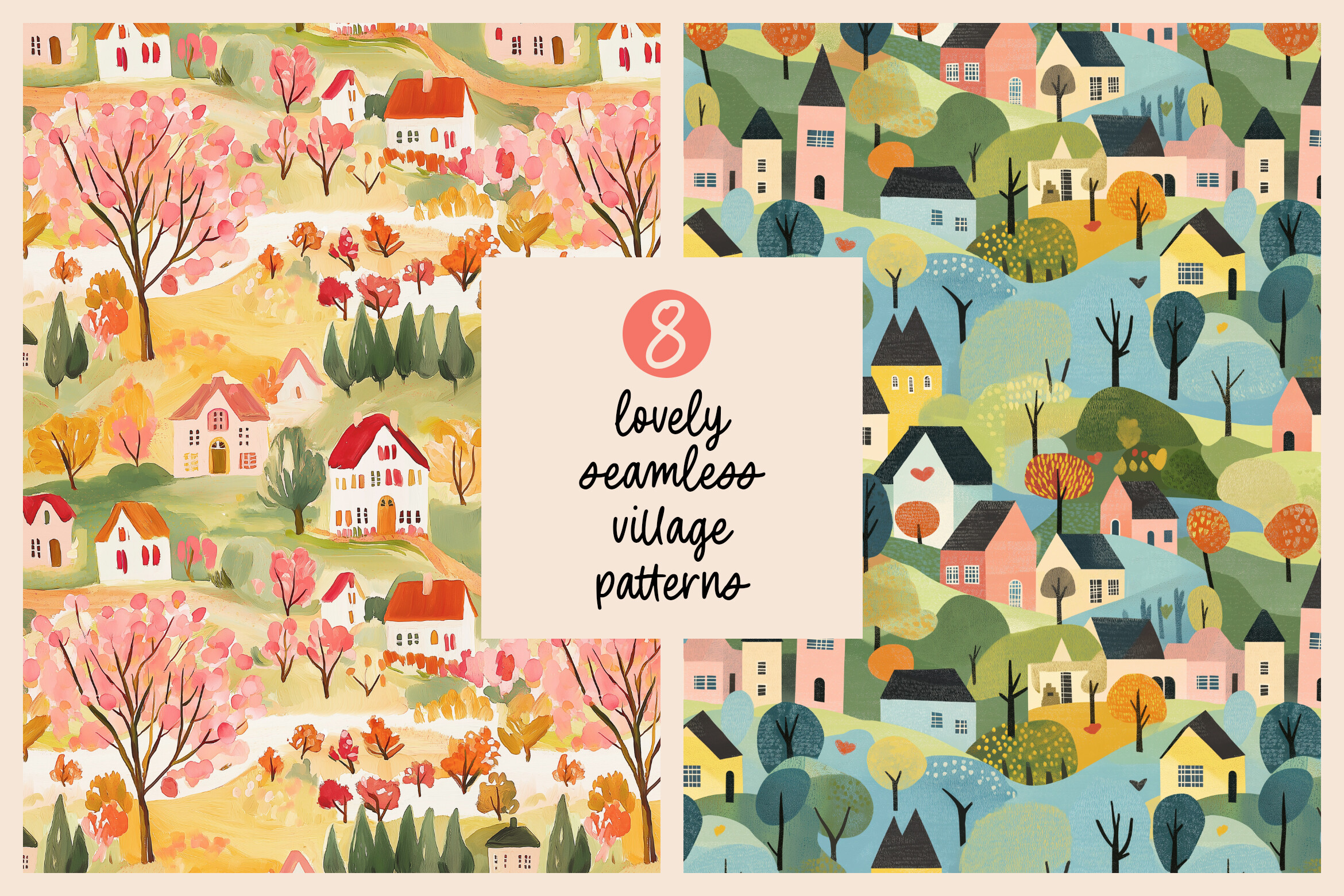 8 Seamless Lovely Village Patterns Graphic by erengoksel · Creative Fabrica