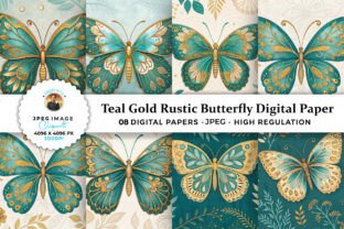 Teal Gold Rustic Butterfly Digital Paper Graphic by sagorarts ...
