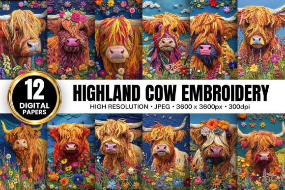 Highland Cow Embroidery Digital Papers Graphic by Dreamy Cliparts ...