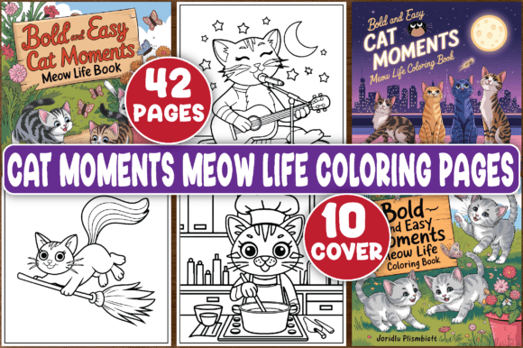 42 Cat Moments Meow Life Coloring Pages Graphic by Design Express ...