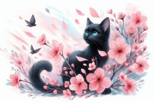 🌸 Black Cat in Pink Petal Breeze, Soft Gráfico por Creativeguru ...