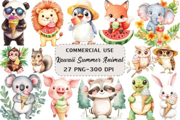 Kawaii Summer Animal & Ice Cream Clipart Graphic by CraftNest ...