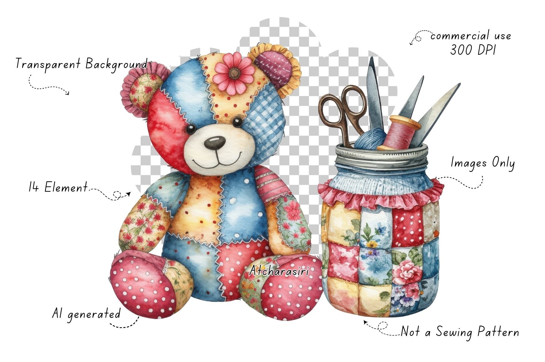 Watercolor Patchwork Style Clipart Graphic by Atcharasiri Whimsy Colors ...