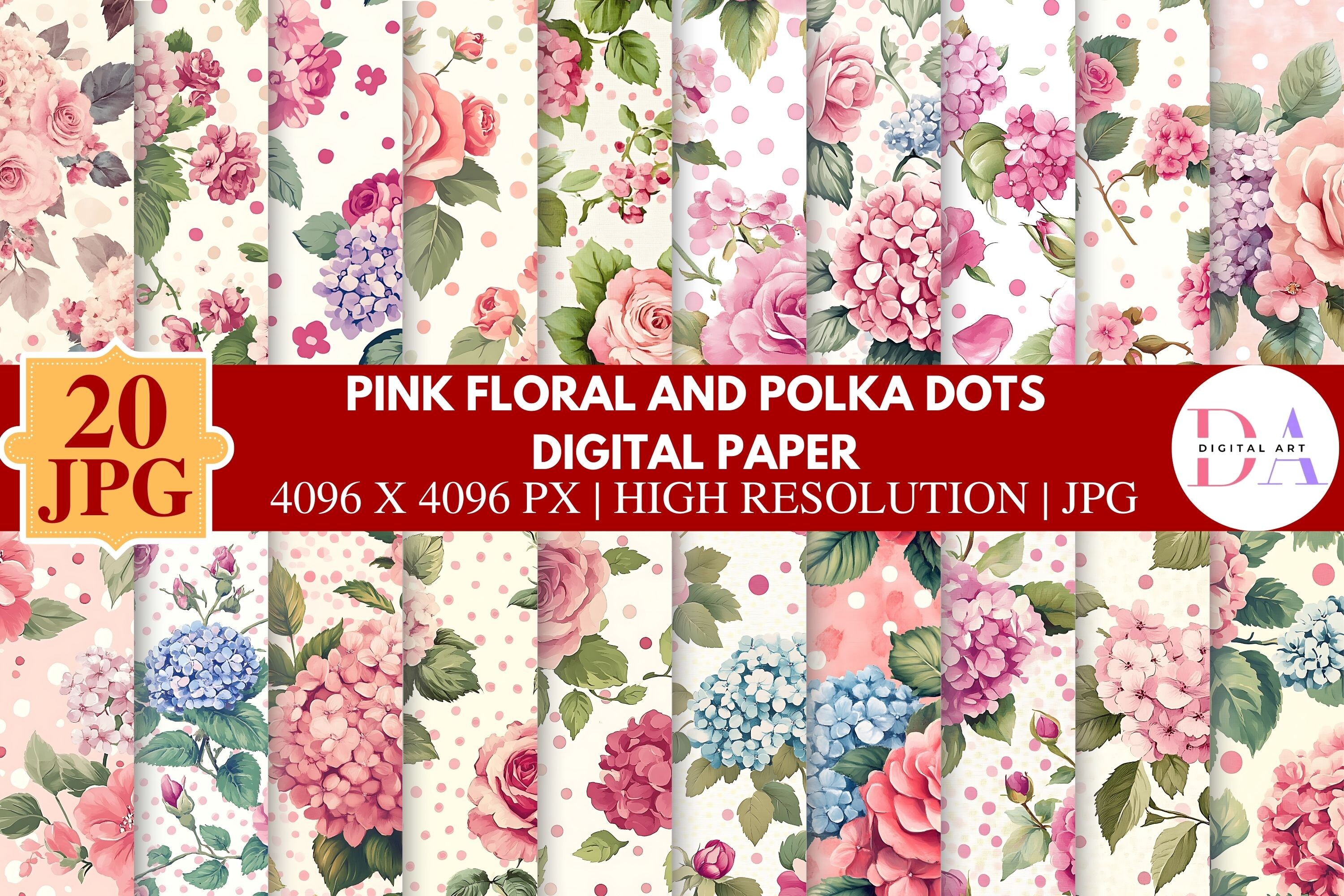Pink Floral and Polka Dots Digital Paper Graphic by DIGITAL ART ...