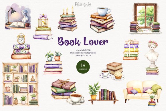Watercolor Book Lover Elements, Bookworm Graphic by Pixie Lines ...