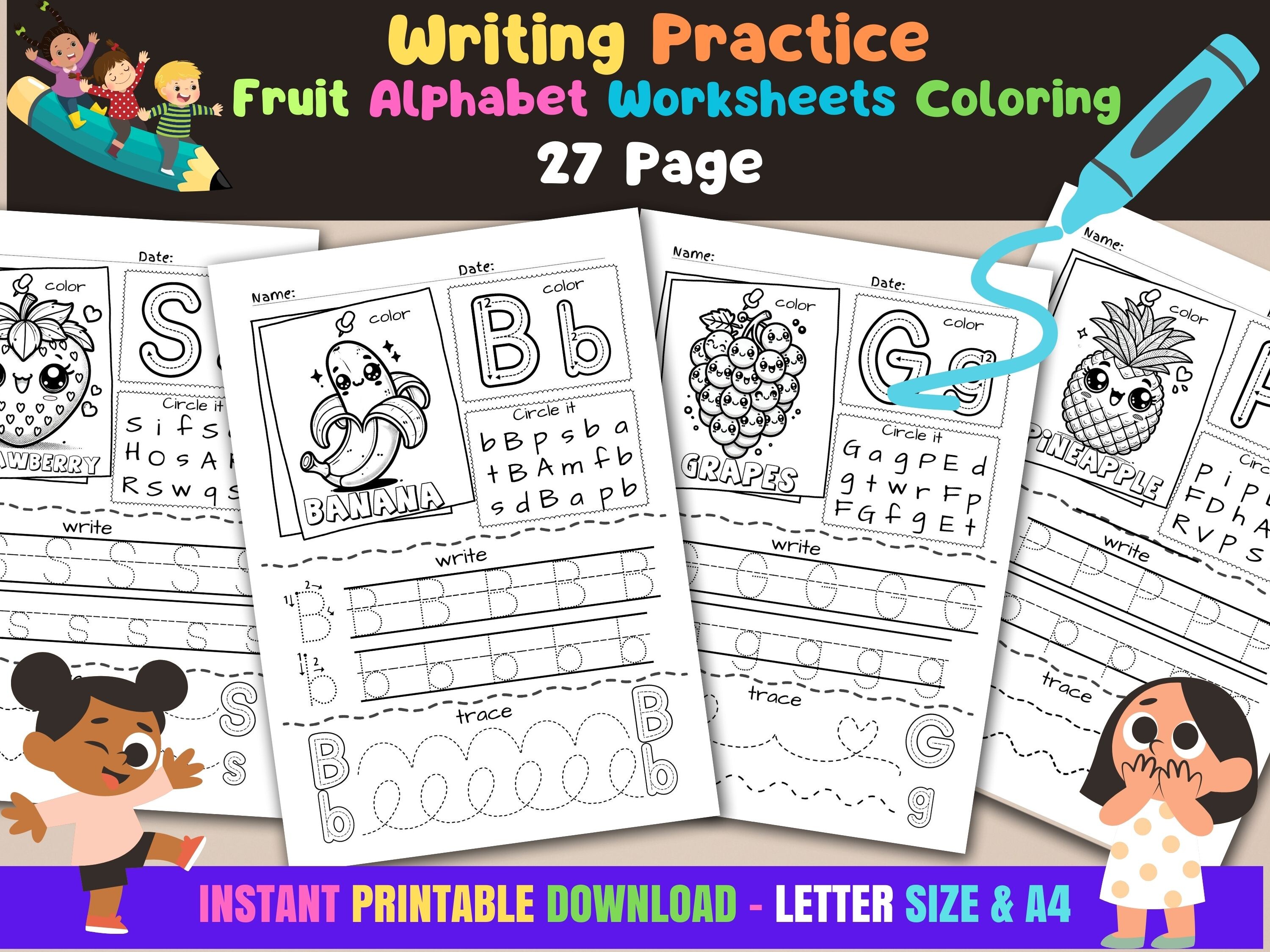 Fruit Alphabet Worksheets Coloring Book Graphic by DenizDesign ...