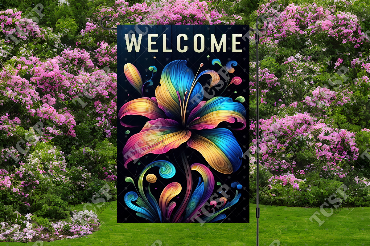 Rainbow Lily Welcome Garden Flag Graphic by TCSP Designs · Creative Fabrica