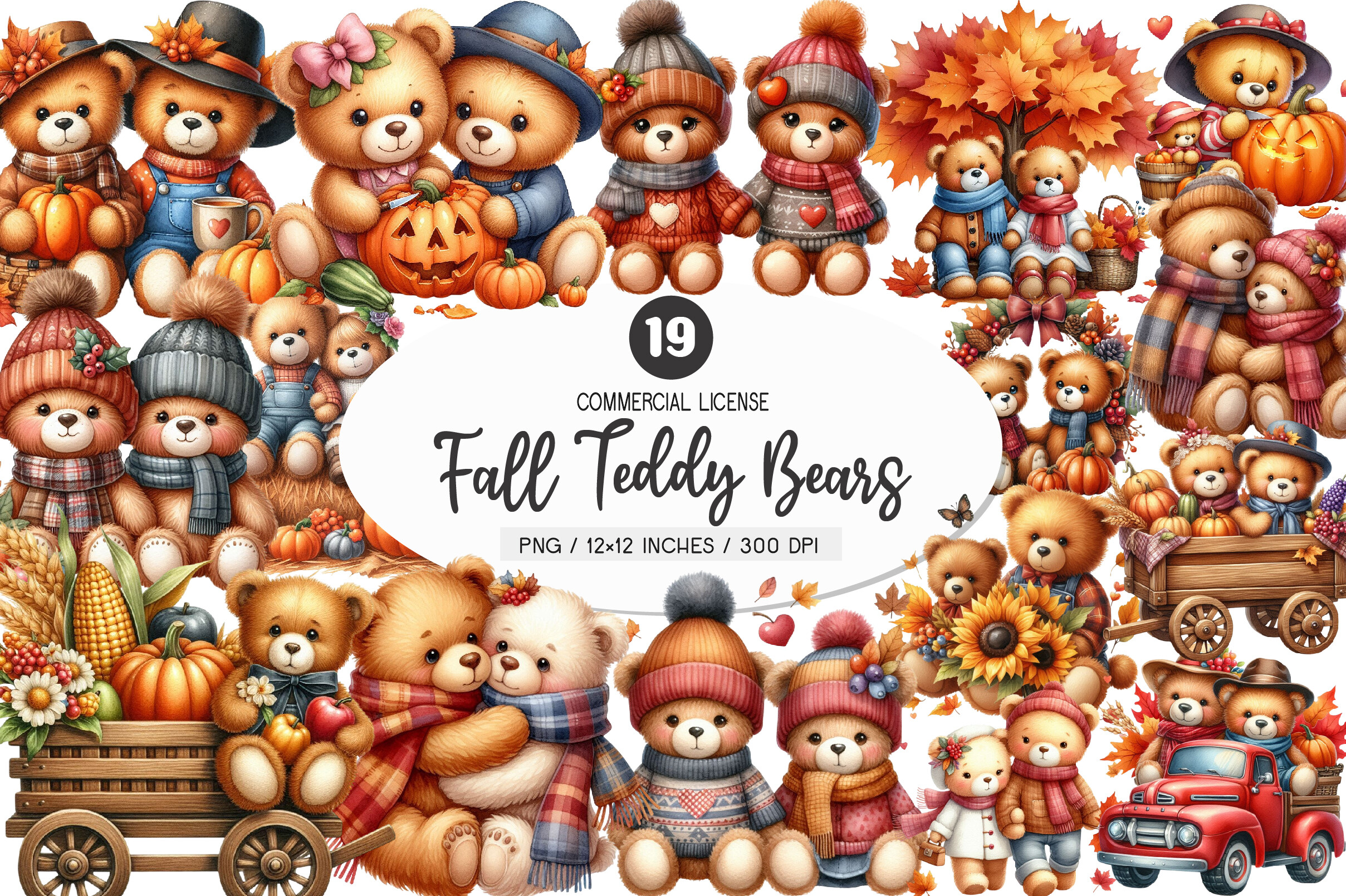 Fall Teddy Bears Couple Clipart Bundle Graphic by SinaCreation ...