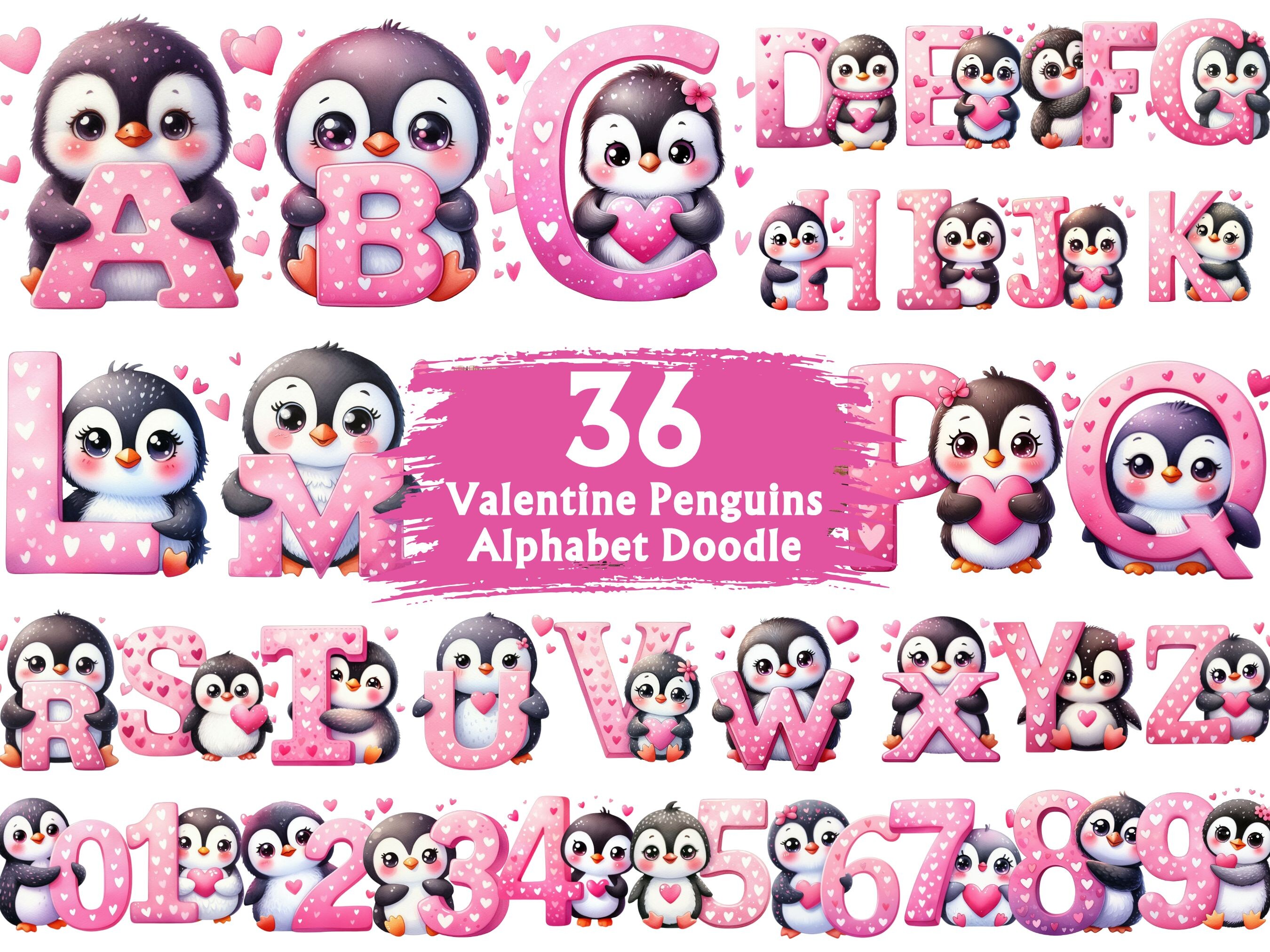 Valentine Penguins Alphabet Doodle Graphic by Vampire Art · Creative ...