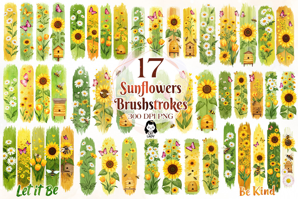 Sunflowers Brushstrokes Clipart Bundle Graphic by Cat Lady · Creative ...