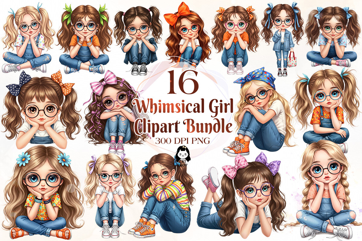 Quirky Cute Little Girl Clipart Bundle Graphic by Cat Lady · Creative ...