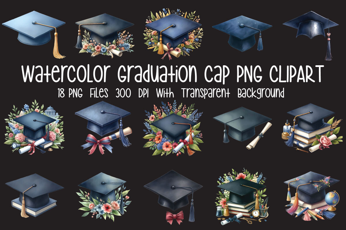 Watercolor Graduation Cap PNG Bundle Graphic by Samira777 · Creative ...