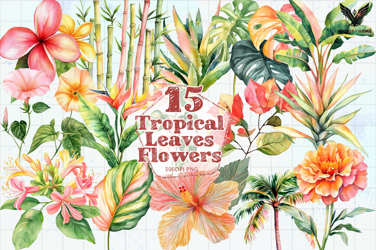 Tropical Leaves and Flowers Clipart PNG Graphic by VictoryHome ...