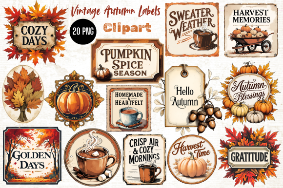 Vintage Autumn Labels Clipart, Printable Graphic by Yassou Bouhad ...