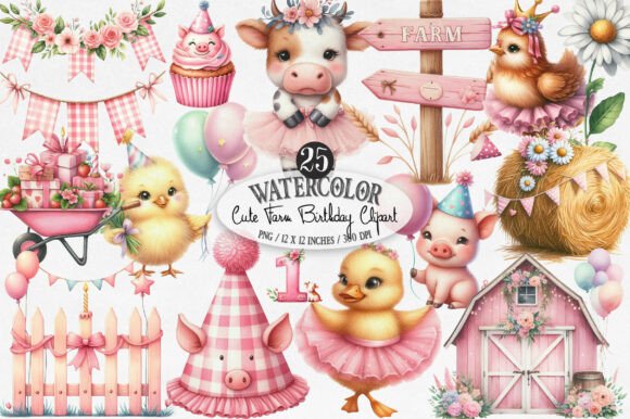 Watercolor Cute Farm Birthday Clipart Graphic by designking · Creative ...