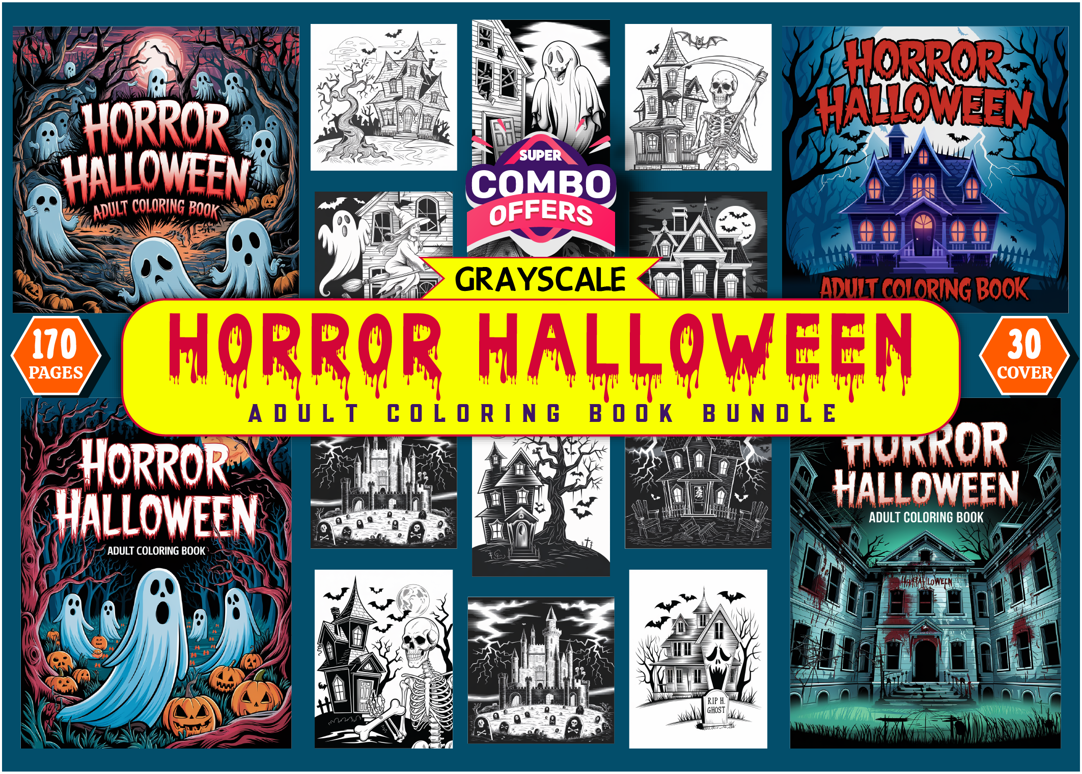 Grayscale Horror Halloween Coloring Book Graphic by PIXEL CRAFT STUDIO ...