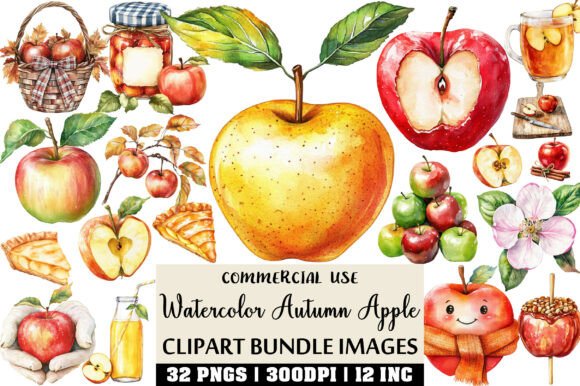 Watercolor Autumn Apple Clipart Bundle Graphic by CraftNest · Creative ...