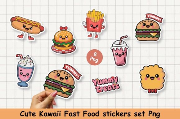 Cute Kawaii Fast Food Stickers Set PNG. Graphic by Fabiharts designs ...