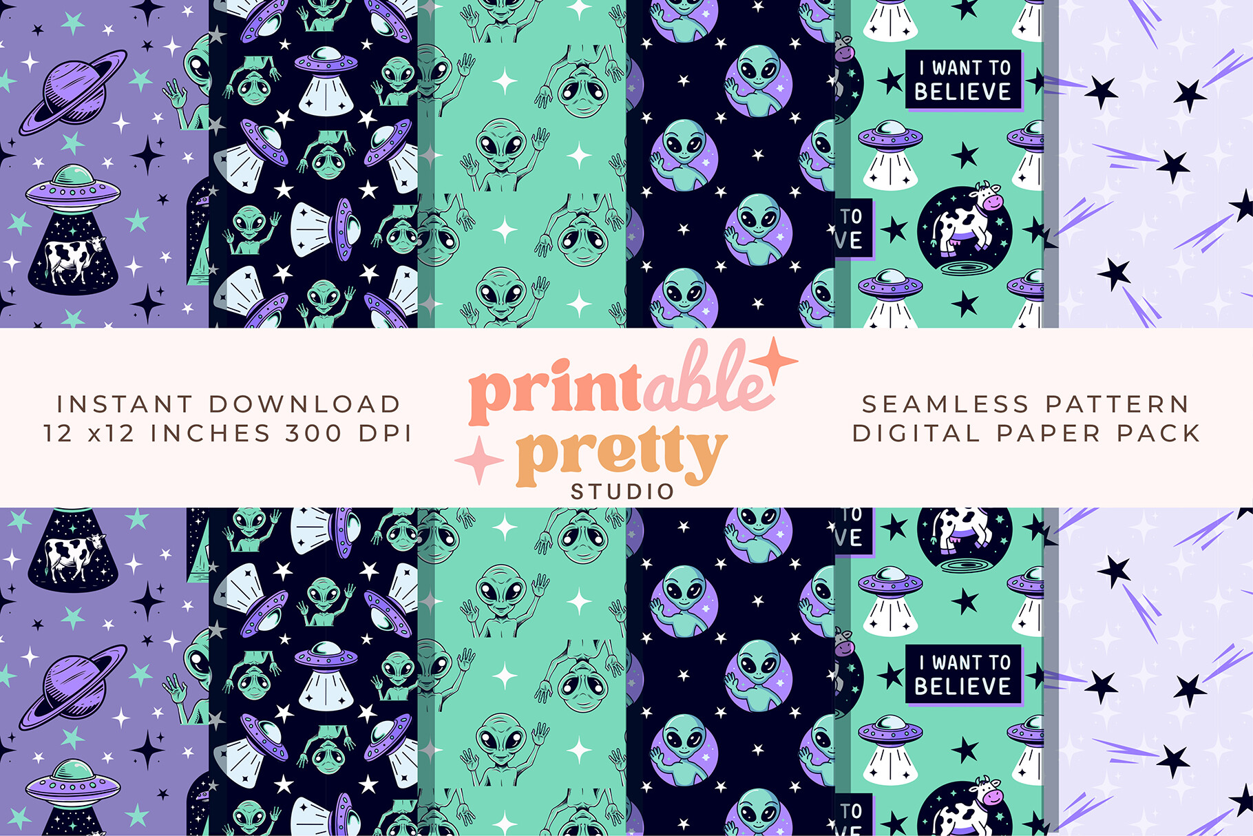 Alien & UFO Digital Paper Pack Graphic by printablepretty · Creative ...