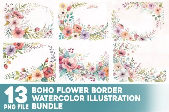 Boho Flower Border Watercolor Bundle Graphic by Hega Prakosa · Creative ...