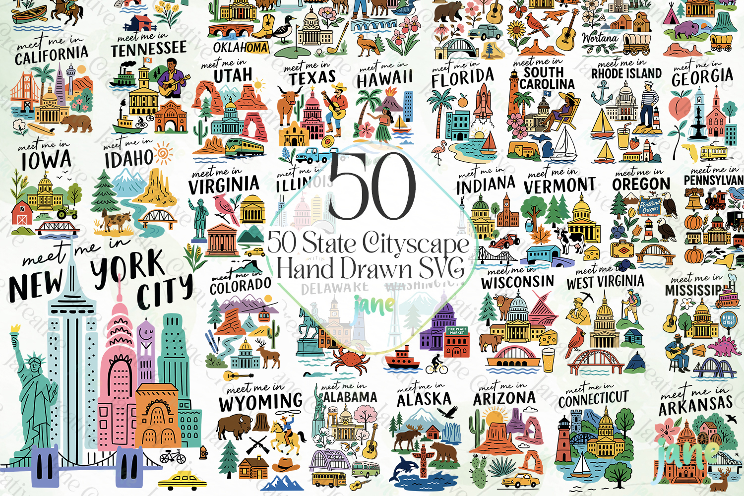 50 State Cityscape Hand Drawn SVG Graphic by JaneCreative · Creative ...