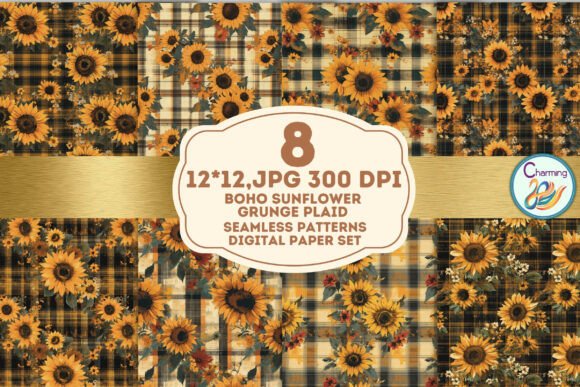 Seamless Paper: Boho Sunflower Plaid Graphic by charming2493 · Creative ...