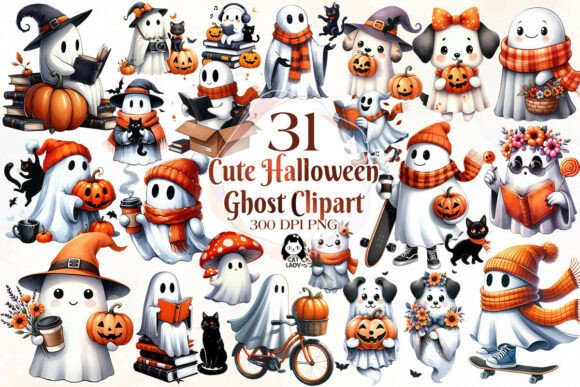 Cute Fall Halloween Ghost Clipart Bundle Graphic by Cat Lady · Creative ...