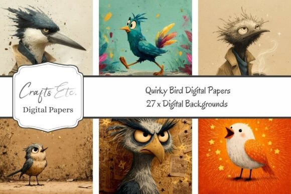Quirky Bird Digital Paper Collection Graphic by Crafts Etc Art ...