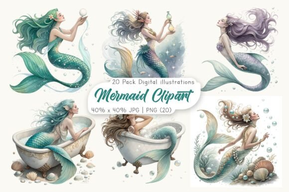 Watercolor Mermaid Clipart Bundle Graphic by Design Point · Creative ...