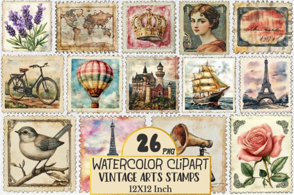 Vintage Arts Postage Stamps Clipart Graphic by Rose Art · Creative Fabrica