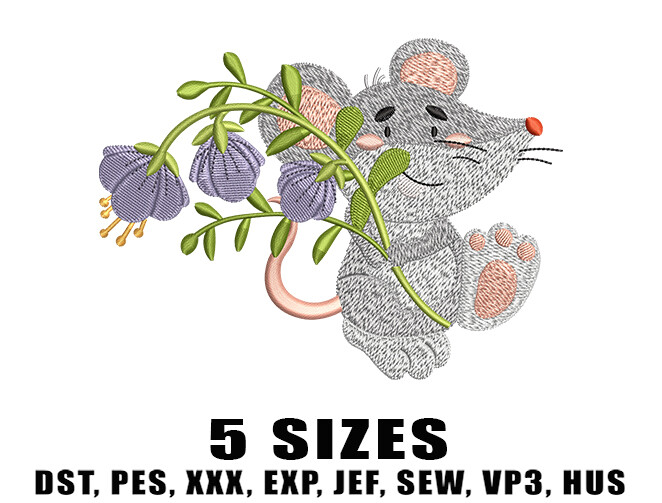 Mouse with Flowers Embroidery Design · Creative Fabrica