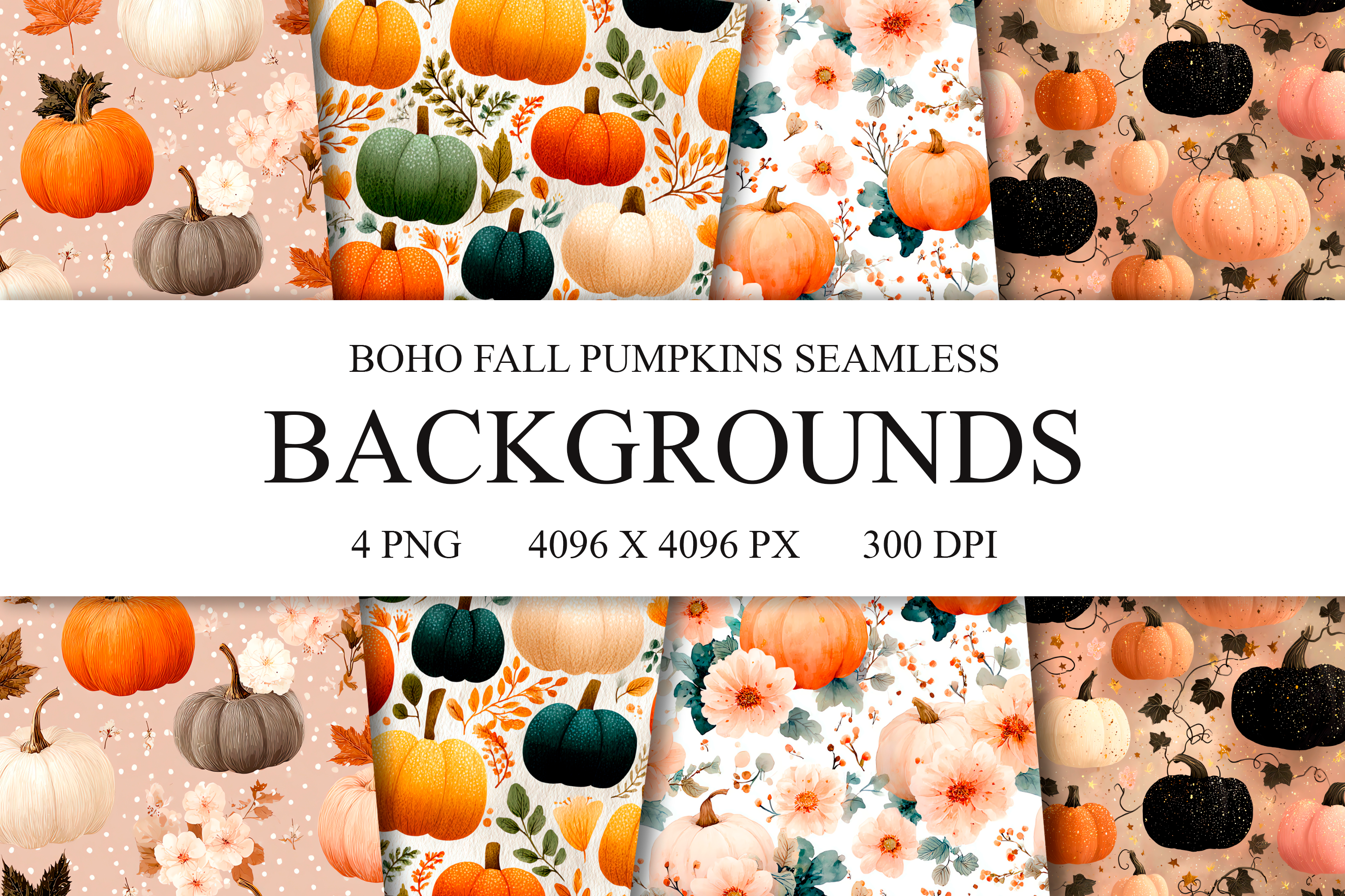 4 Boho Fall Pumpkins Seamless Patterns Graphic by MiniBee · Creative ...