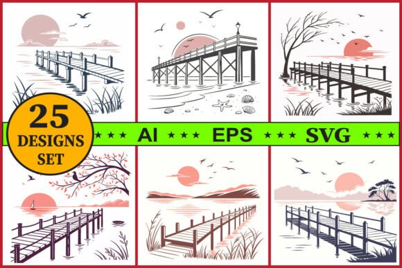 Sunset Lake Pier Dock Vector Clipart Set Graphic by rangita store ...