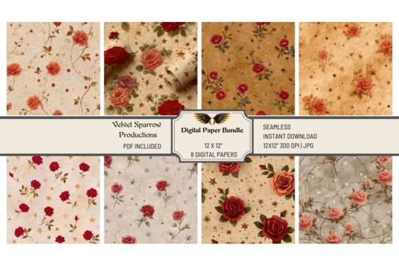 Vintage Rose & Star Papers Graphic by Velvet.Sparrow · Creative Fabrica