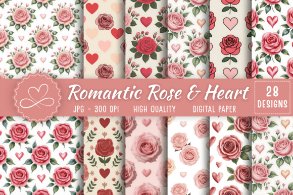 Romantic Rose & Heart Pattern Graphic by Pencil Studio · Creative Fabrica