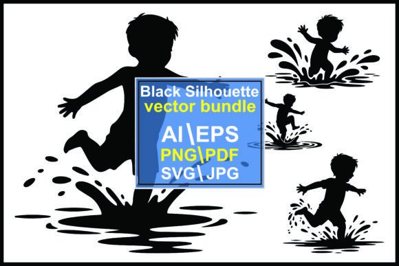 Silhouette Children Jumping Puddle Water Graphic by shopone designer ...