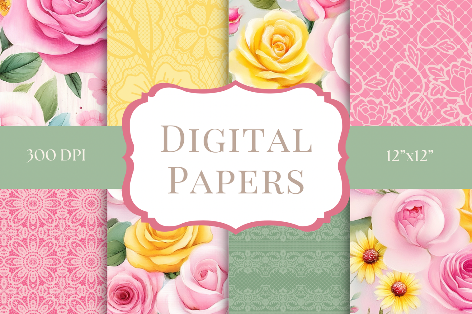 Pink & Yellow Rose Garden Patterns Graphic by More Paper Than Shoes ...