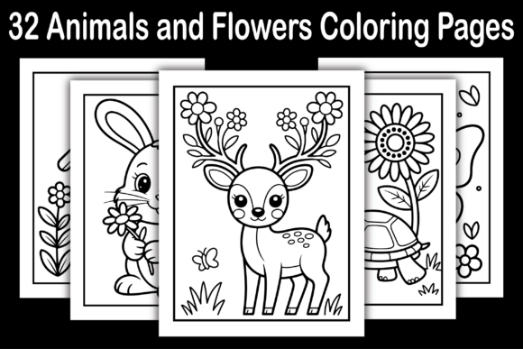 Animals and Flowers Coloring Pages Graphic by (US) Design Studio ...
