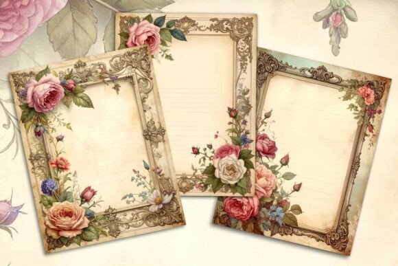 Vintage Diary Page. Golden Frame Roses. Graphic by Marina Art ...