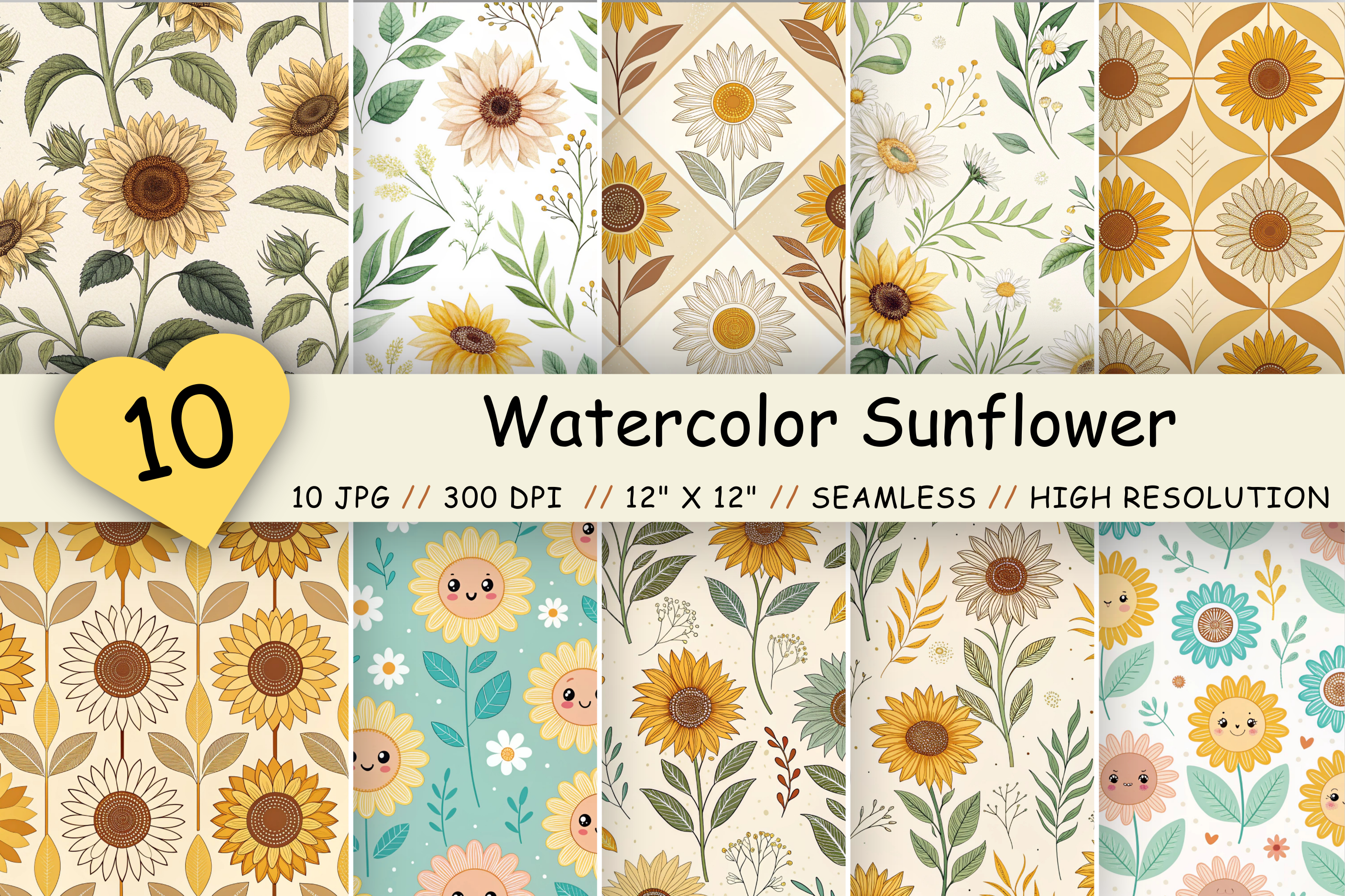 Watercolor Sunflower Digital Paper Pack Graphic by Florid Printables ...
