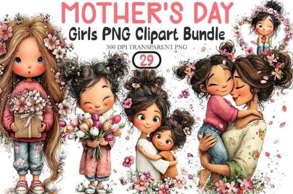 Mother's Day Girls PNG Clipart Bundle Graphic by WatercolorArt ...