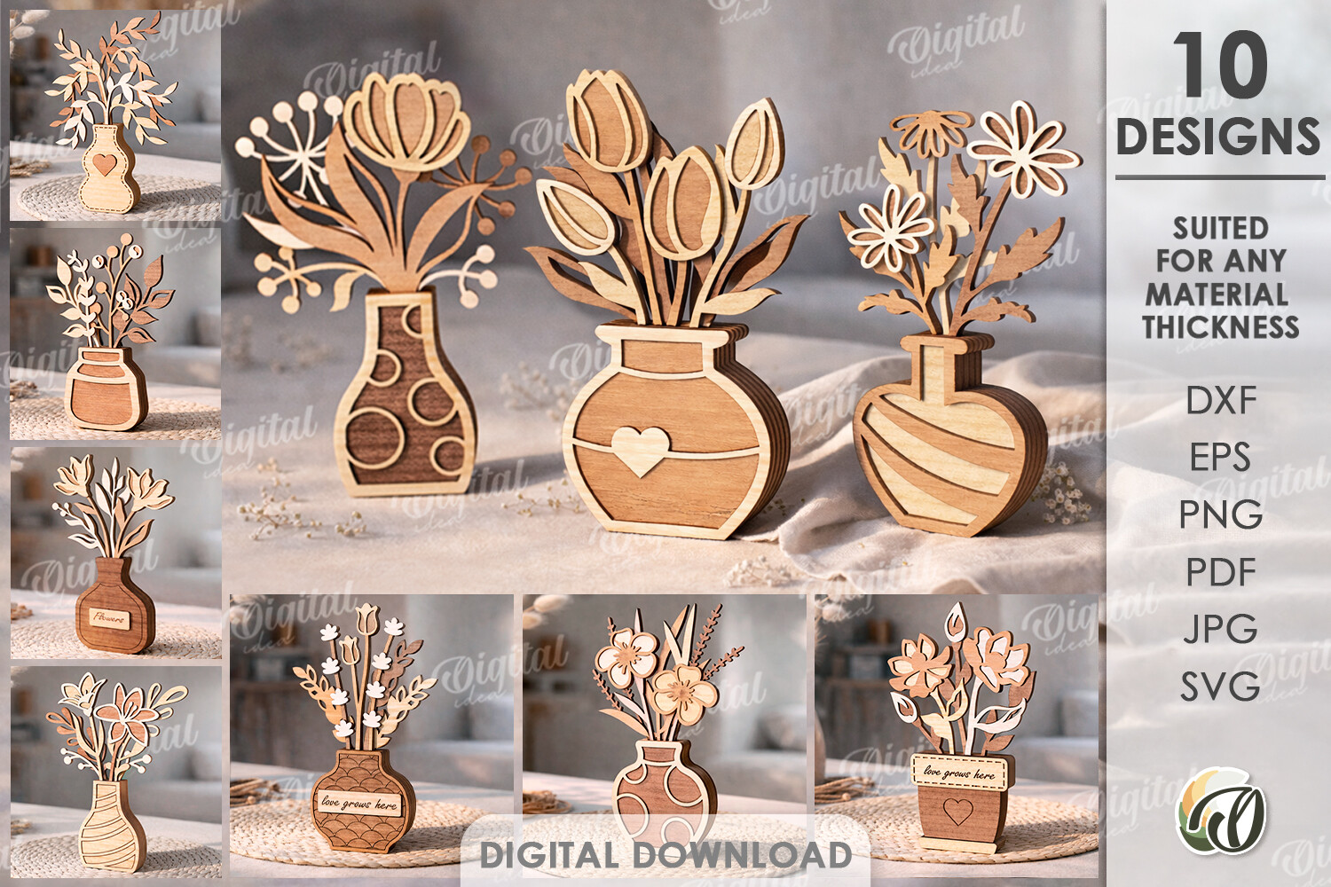 Wooden Flowers with a Vases Bundle Laser · Creative Fabrica