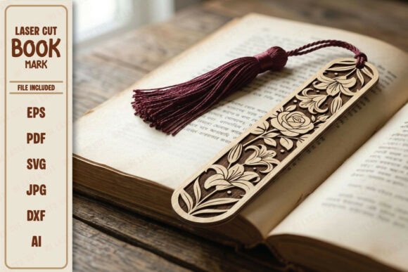 Elegant Floral Engraved Wood Bookmark · Creative Fabrica